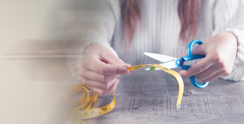 Woman Cuts Measuring Tape with Scissors Stock Image - Image of yellow ...