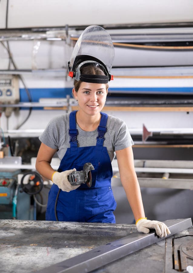 Woman Cutting Aluminum Profile Windows Using Angle Grinder Stock Photos ...