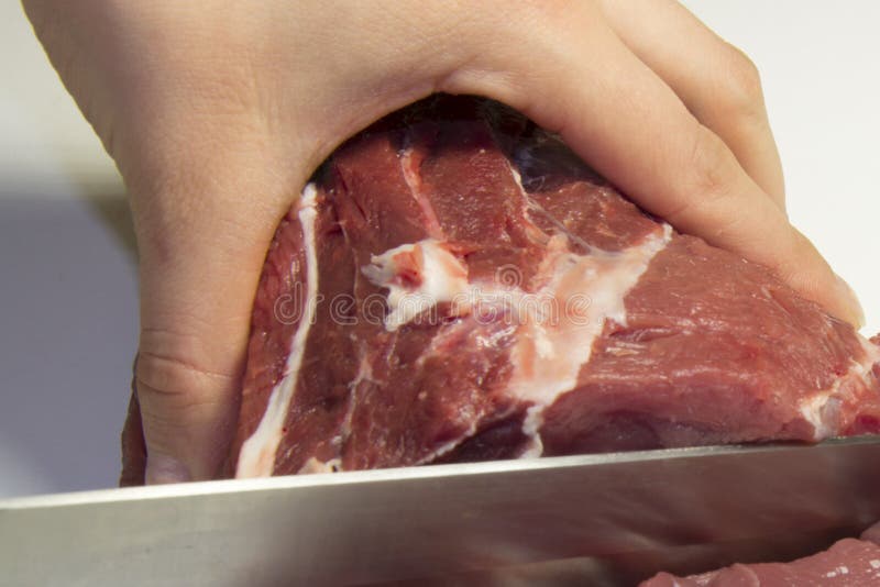 Woman Cutting Raw Beef Meat Stock Photo - Image of slice, beef: 111131678
