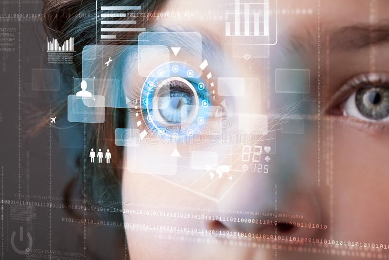 Woman with Cyber Technology Eye Panel Concept Stock Image - Image of ...