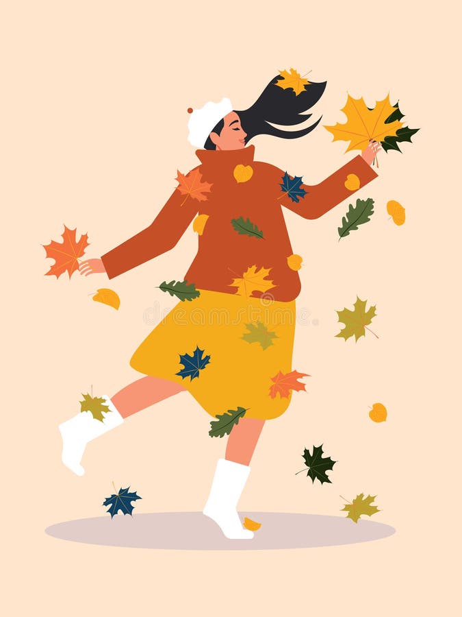 A Cheerful Young Woman Dances in the Falling Autumn Leaves. Stock ...