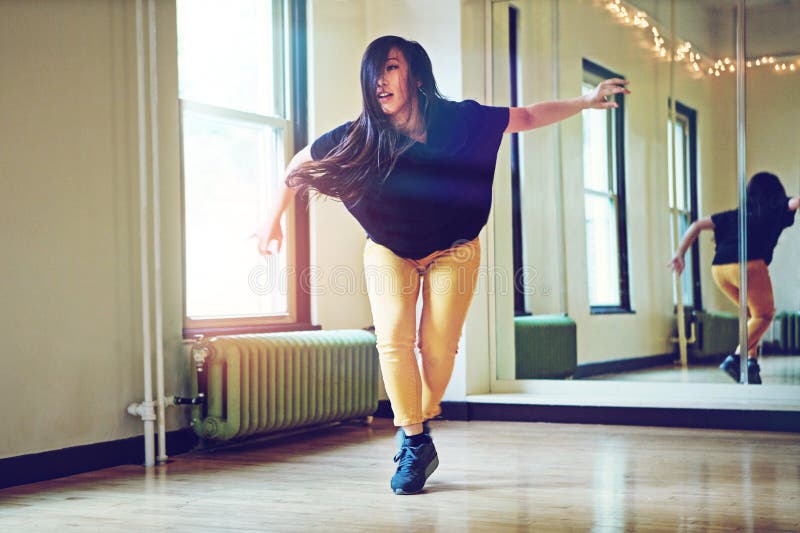 Woman, Dancing and Class with Hip Hop for Practice and Alone, Mirror with Reflection and Workout ...