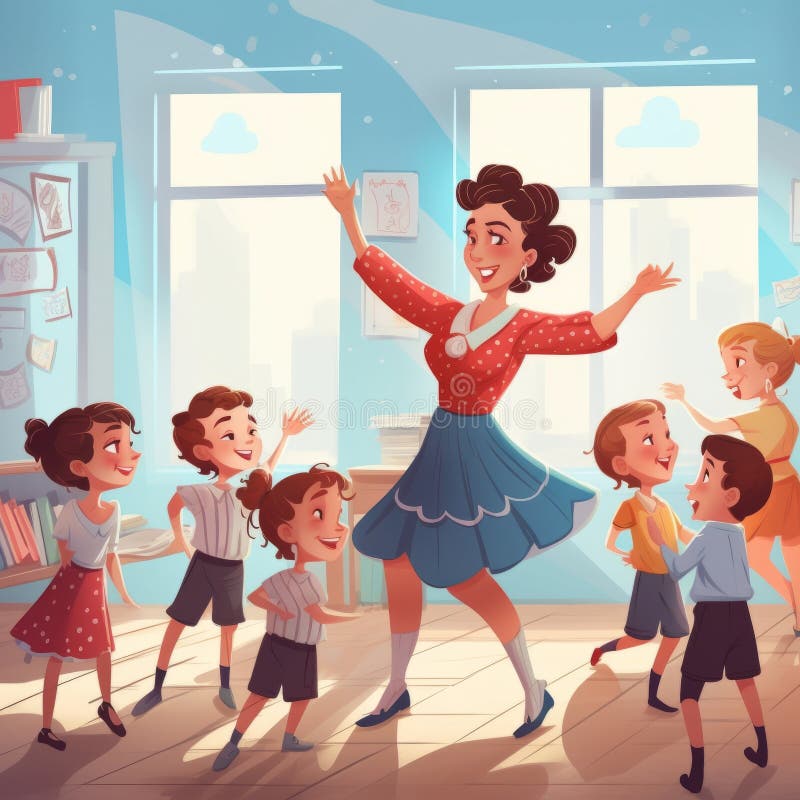 A Woman is Dancing with a Group of Children in a Classroom Stock ...