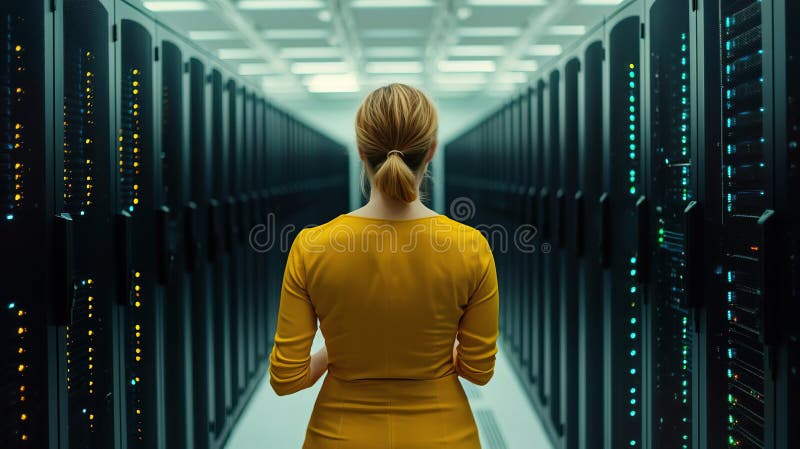 Woman in a Data Center Analyzing Server Racks, Female Leadership in ...