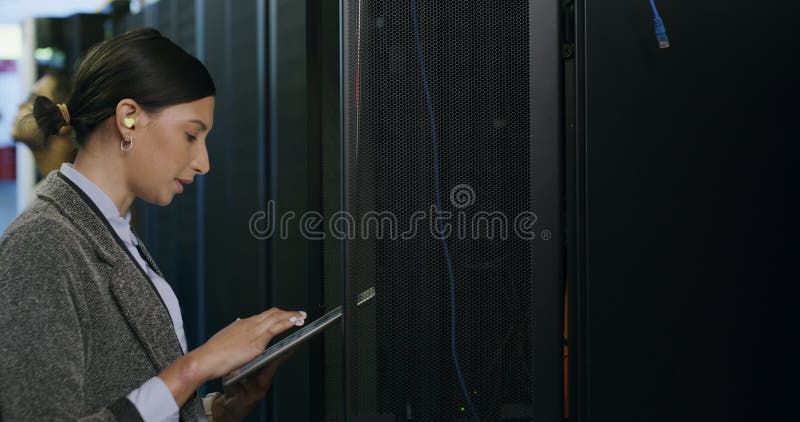 Woman in Data Center with Tablet, System Maintenance and Engineer in ...