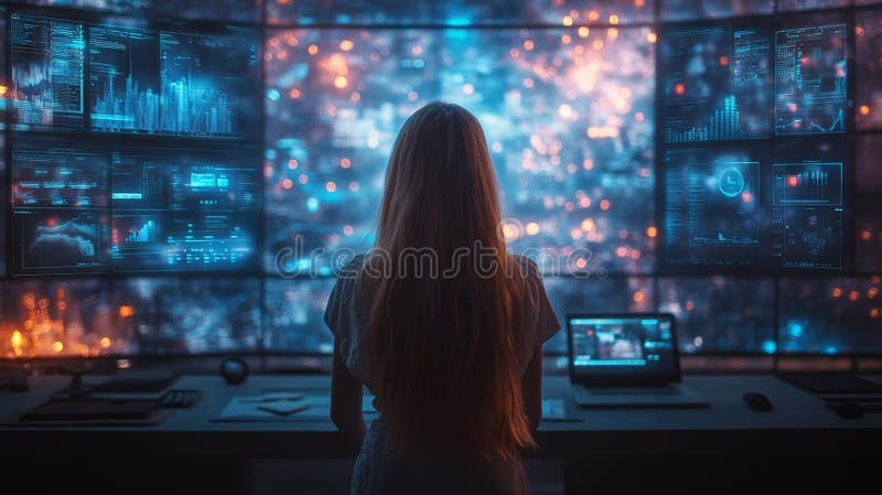 Woman in Data Command Center Generative AI Stock Illustration ...