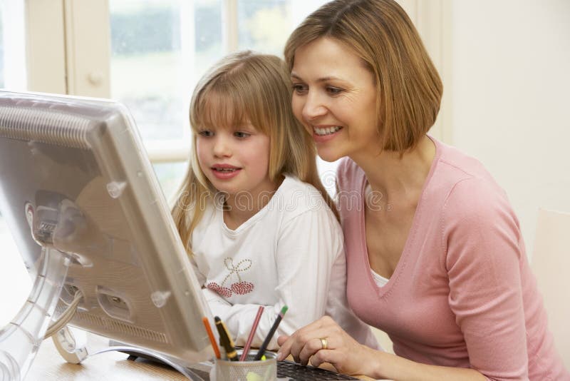 Mom and Daughter with Computer Stock Image - Image of routine ...