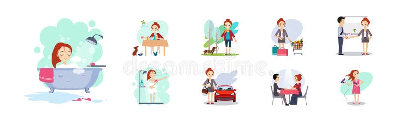 Woman Day Routine and Different Activity Vector Set Stock Vector ...