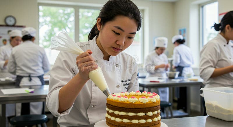 Woman Decorating Cake in Culinary School Pastry Chef Course Baking ...