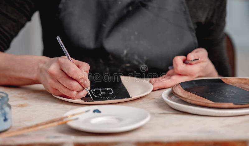 Woman Decorating Plate with Handmade Pattern Stock Photo - Image of ...