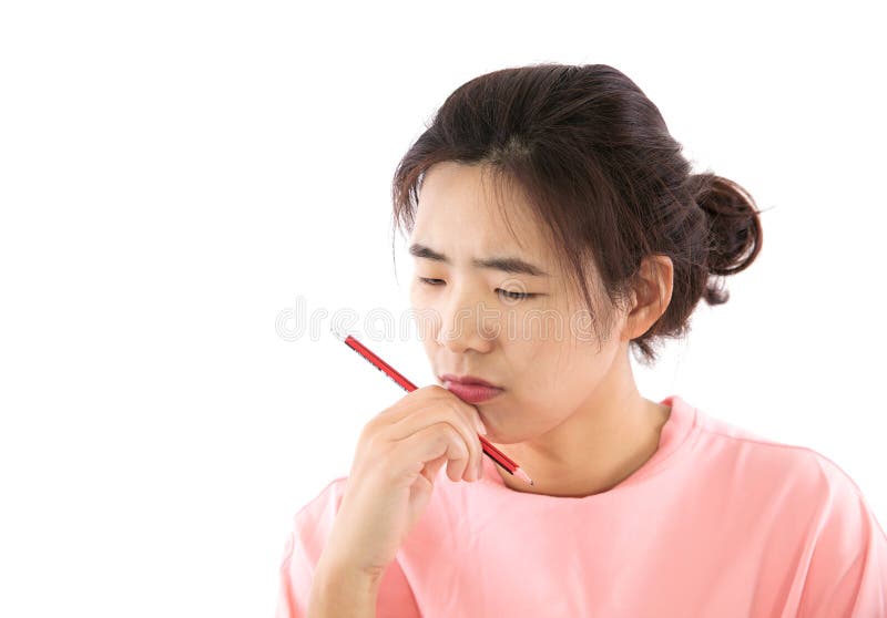 A Woman in Deep Thought with a Pencil Stock Photo - Image of people ...