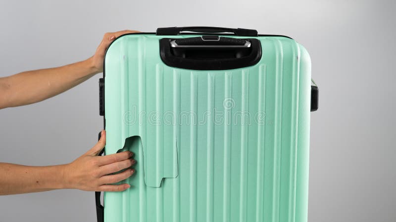 Woman Demonstrates Broken Suitcase White Background Damaged Baggage ...