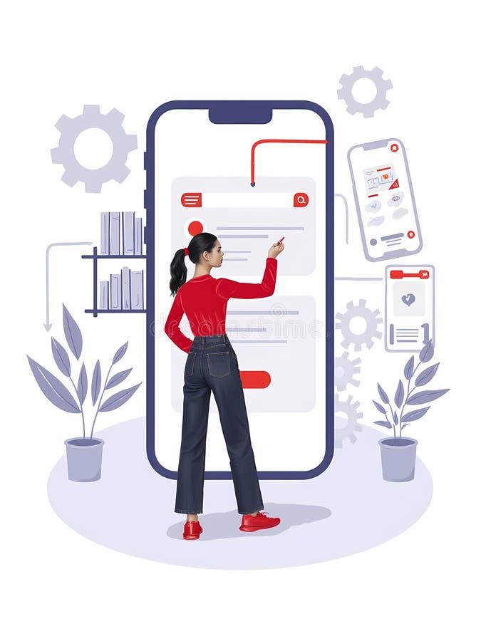 A Woman Demonstrates Using a Mobile App Interface on a Giant Smartphone ...