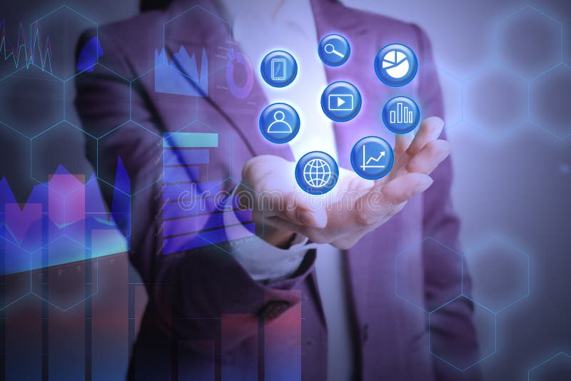 Woman Demonstrating Icons of Data Management System and Digital Charts ...