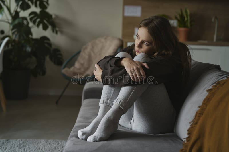 Woman with Depression Sitting at Home Stock Photo - Image of interior ...