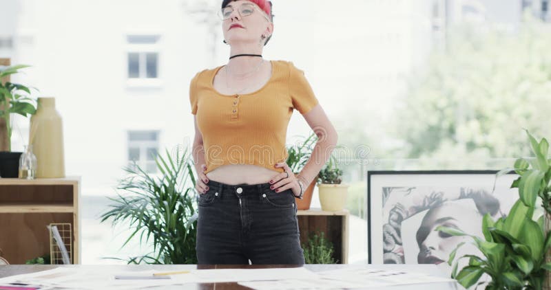 Woman, Design and Work at Table Stretching for Sore Back or Creativity ...