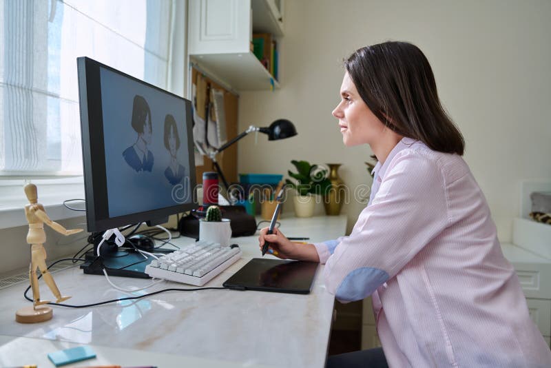 Woman Designer Artist Working in Home, Using Graphic Tablet Computer ...