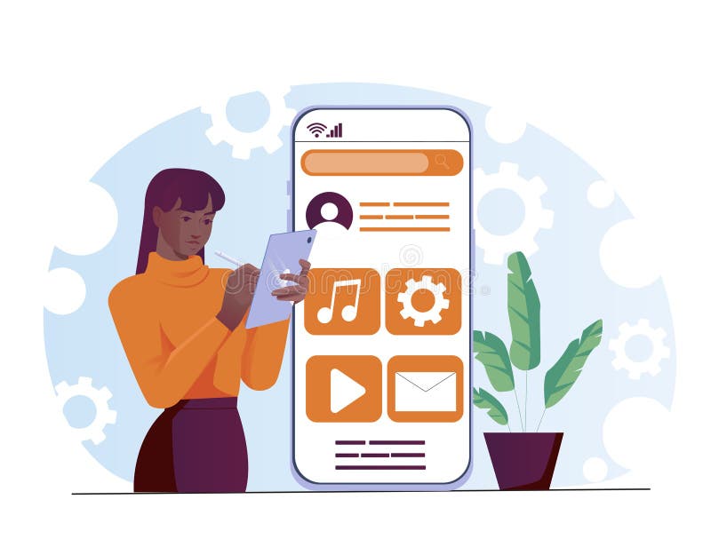 Woman Designing App Interface on Tablet. Vector Illustration Stock ...