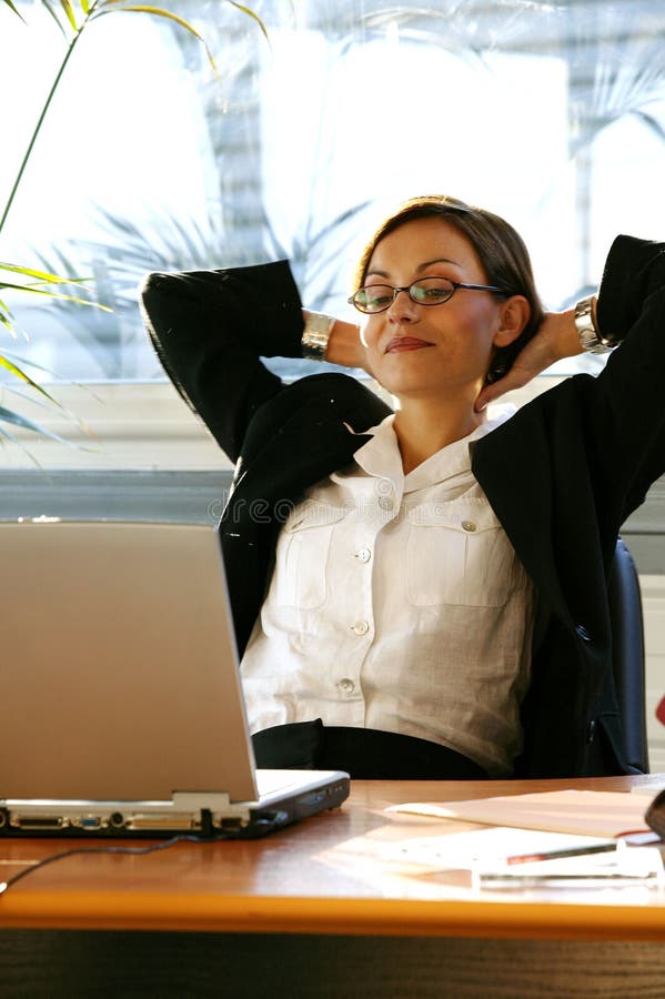 Woman at Desk with Laptop Computer and Phone Stock Image - Image of ...