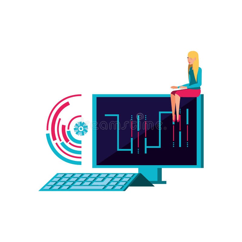 Woman and Desktop Computer with Circuit Electronic Stock Vector ...
