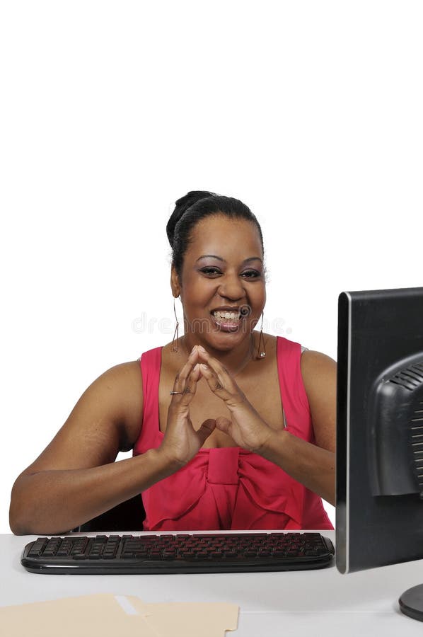 Woman on desktop computer stock photo. Image of monitor - 89791128