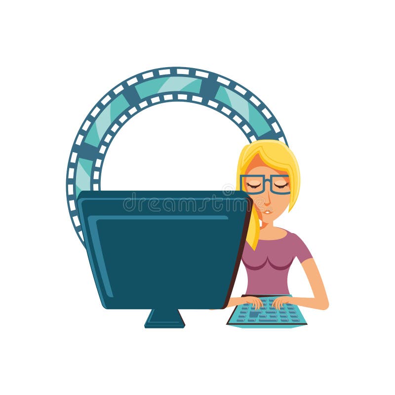 Woman with Desktop Computer and Video Tape Stock Vector - Illustration ...