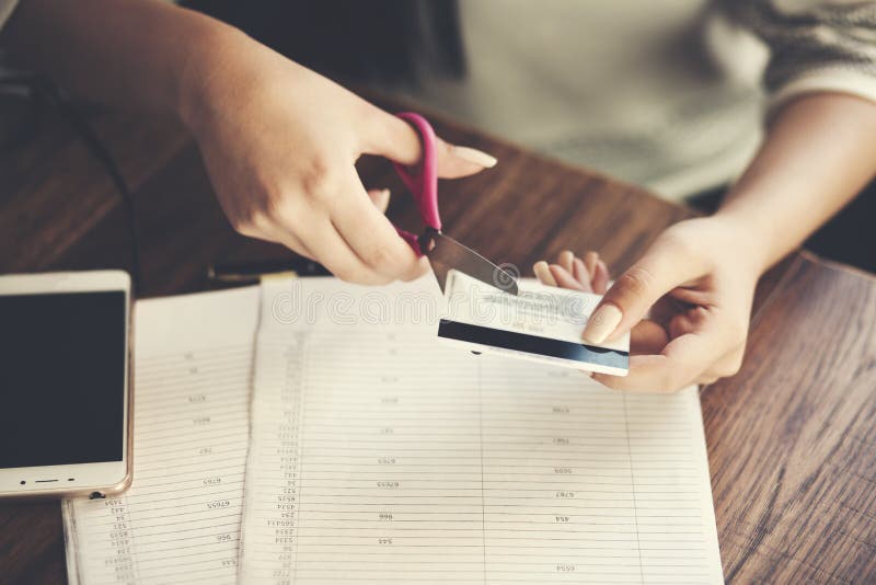 Woman Destroying a Credit Card Cutting Stock Photo - Image of destroy ...