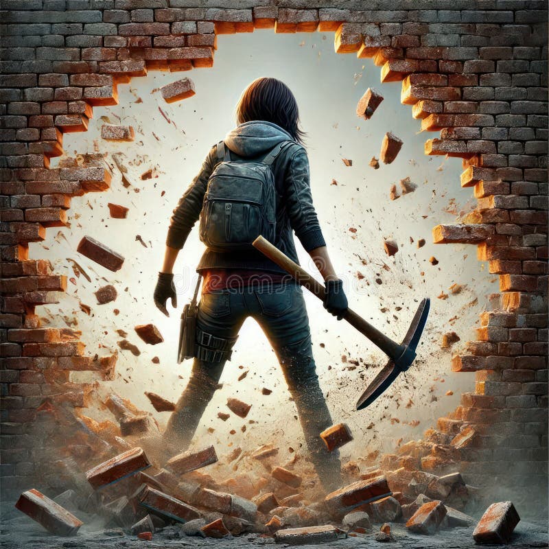 A Woman Destroys a Brick Wall with a Pickaxe. Stock Photo - Image of ...