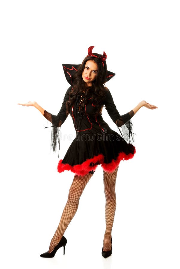 Woman in Devil Clothes with Open Hands Gesture Stock Photo - Image of ...