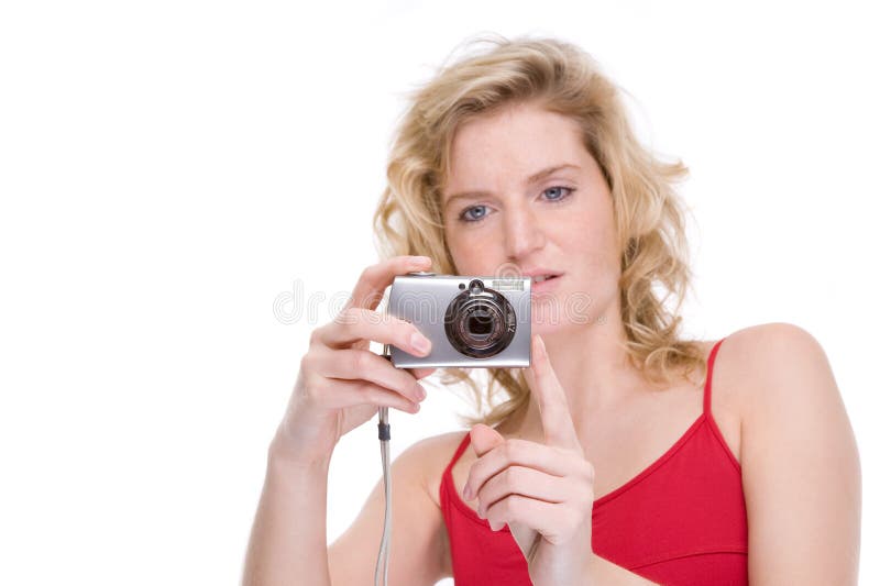 Woman with digital camera stock photo. Image of shirt - 9345808