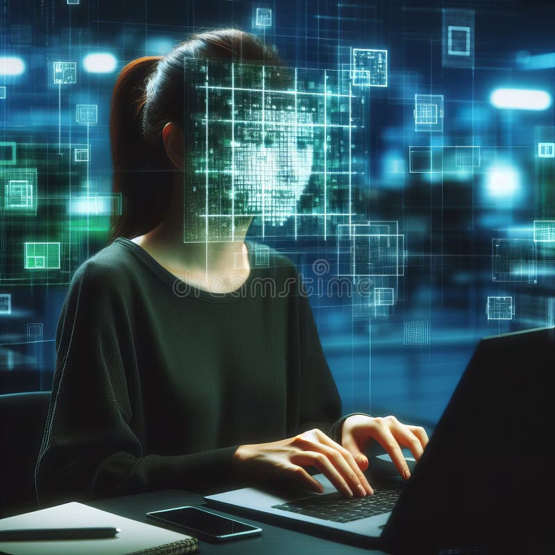 Woman with Digital Face Projection Working on Laptop Stock Image ...