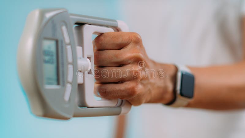 Woman with Digital Hand Grip Dynamometer, Measuring Strength Stock ...