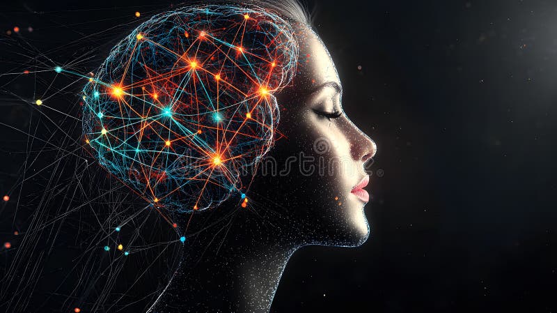 Woman with Digital Neural Network Model in Profile Stock Illustration ...