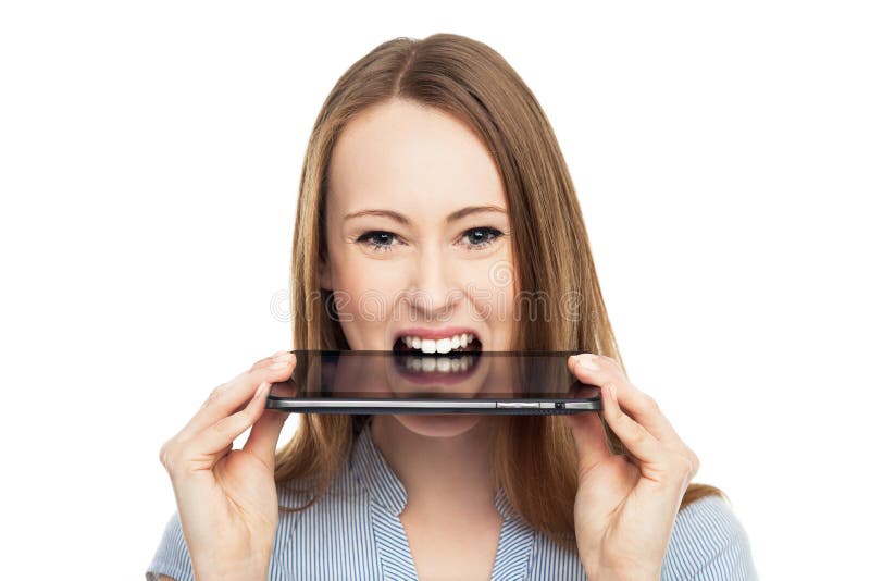 Woman with Digital Tablet in Mouth Stock Image - Image of angry ...