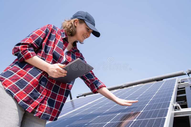 Woman with Tablet Touching Solar Panel Stock Image - Image of business ...