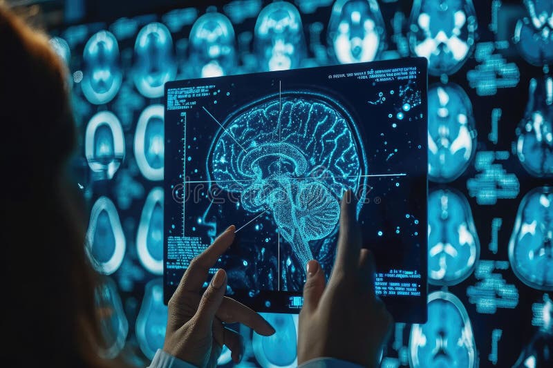 A Woman Diligently Studies a Computer Screen Showing a Detailed Brain ...