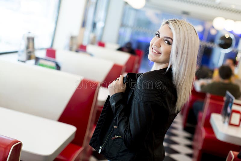 Woman in the diner stock image. Image of girl, cafe, restaurant - 71005339