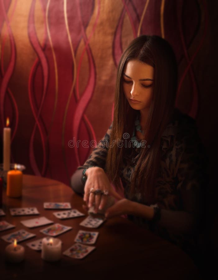 Woman with Divination Cards in Room Stock Photo - Image of light ...