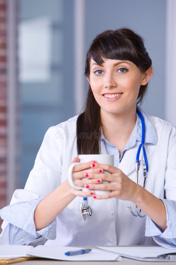 Chinese Female Woman Doctor Drinking Coffee or Tea Stock Image - Image ...