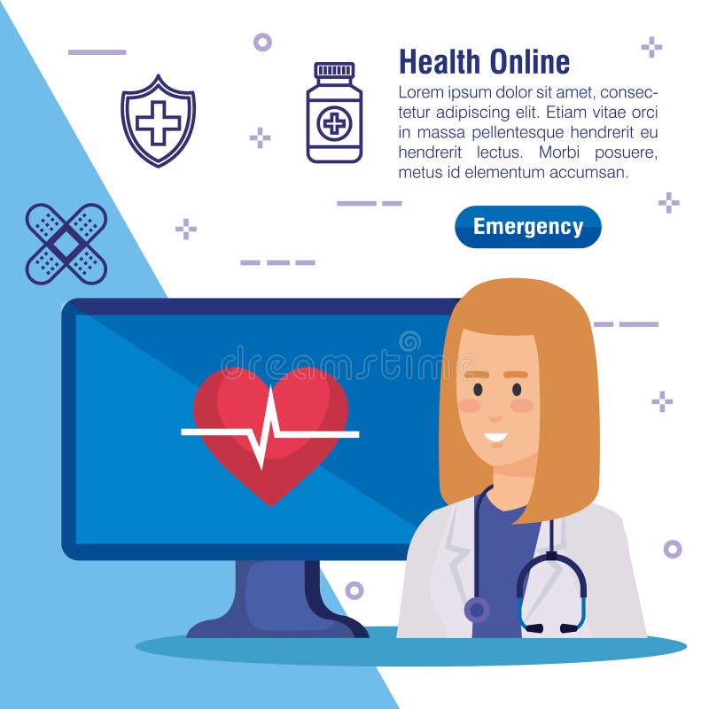 Woman Doctor with Computer Technology and Heartbeat Stock Illustration ...
