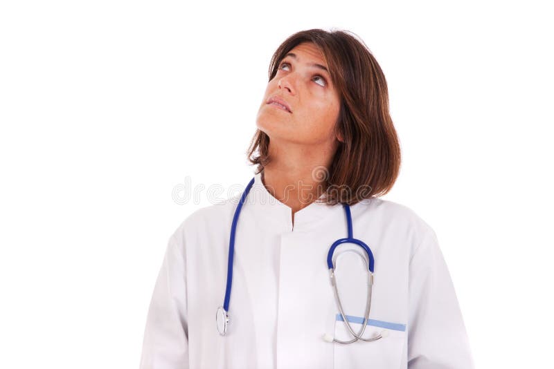Woman doctor looking up stock image. Image of brunette - 11874605