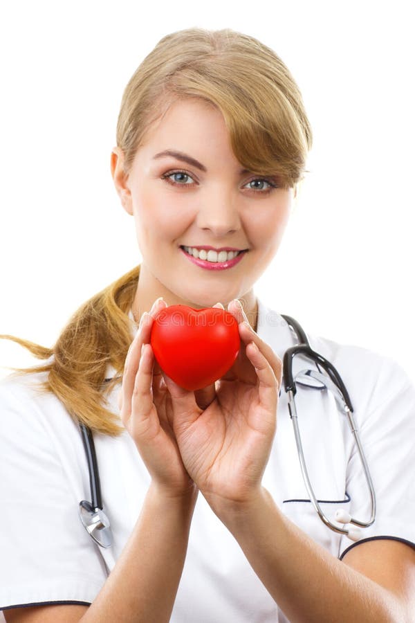 Woman Doctor With Stethoscope Holding Red Heart Healthcare Concept