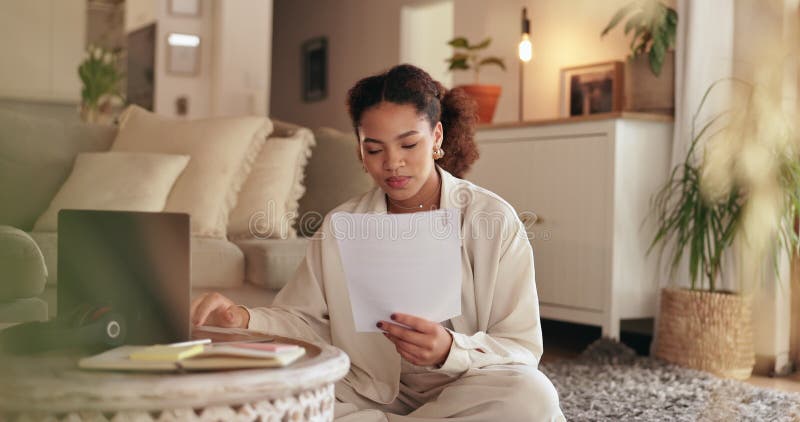 Woman, Document and Laptop on Floor in Home with Multitasking ...