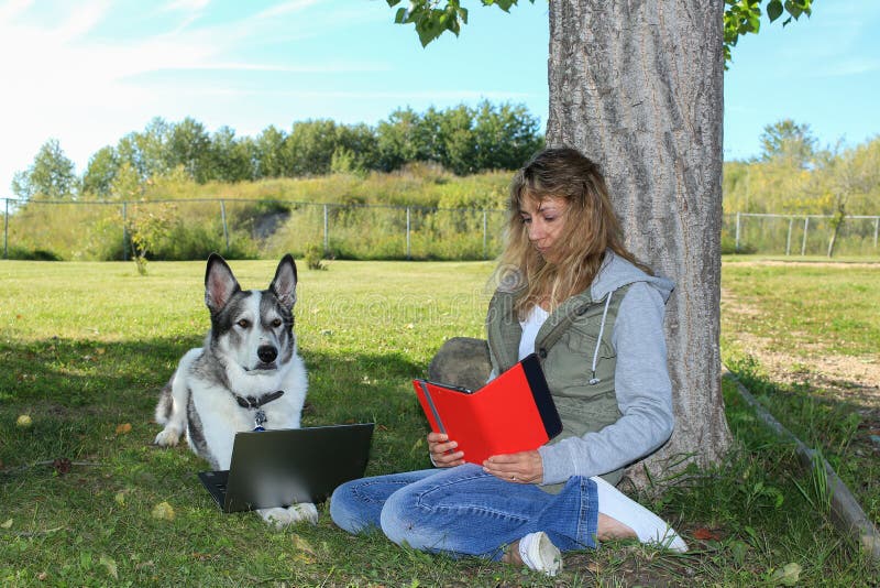 Woman and Dog Using the Computer Stock Photo - Image of lady, portable ...