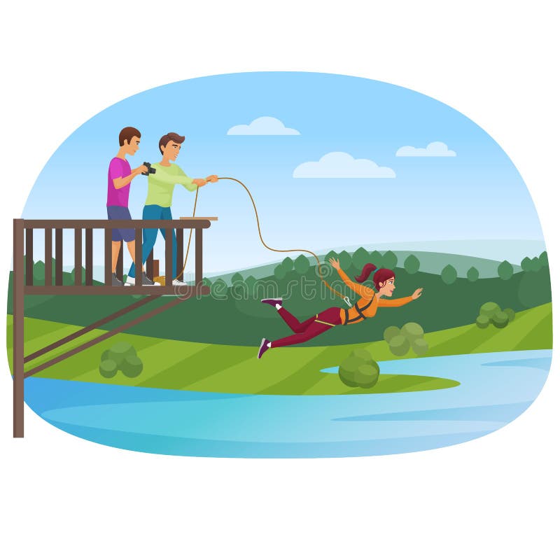 Woman Doing Bungee Jumping with the Friends Vector Illustration. Stock ...