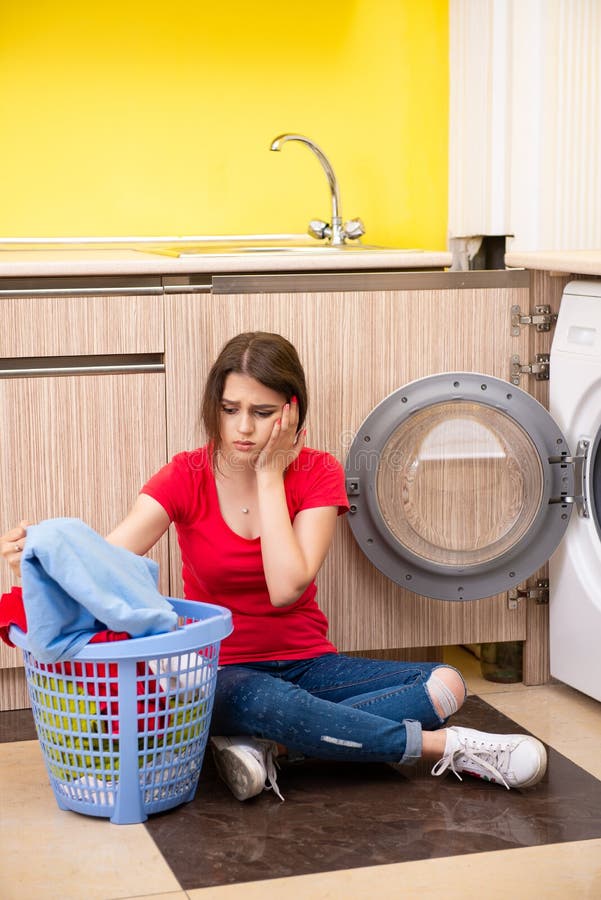 The Woman Doing Laundry at Home Stock Image - Image of distressed ...