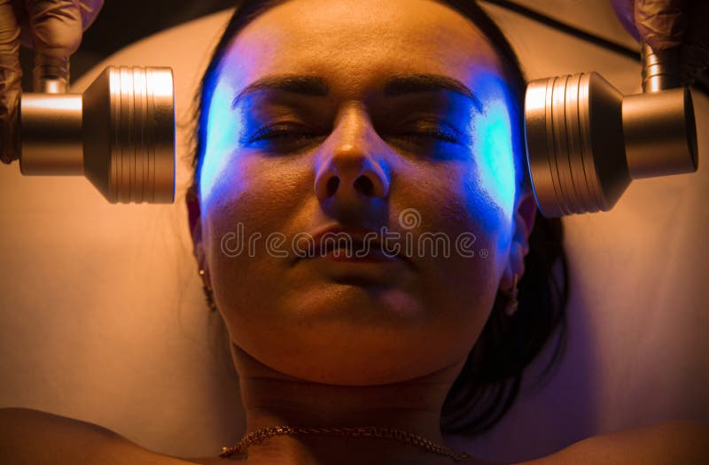 Woman Doing LED Face Therapy in Blue Stock Photo - Image of procedure ...