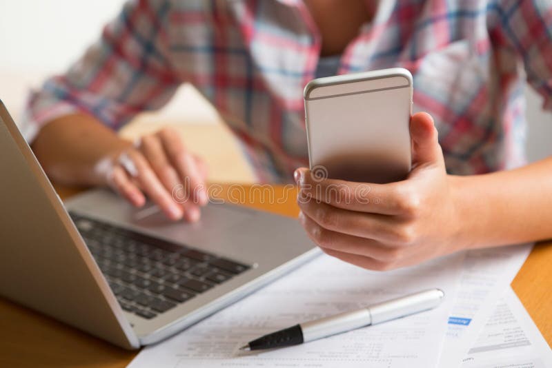 Woman Doing on Line Banking and Finance at Home Stock Photo - Image of ...