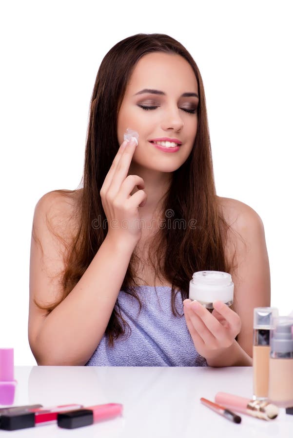 The Woman Doing Makeup Isolated on White Stock Image - Image of cream ...