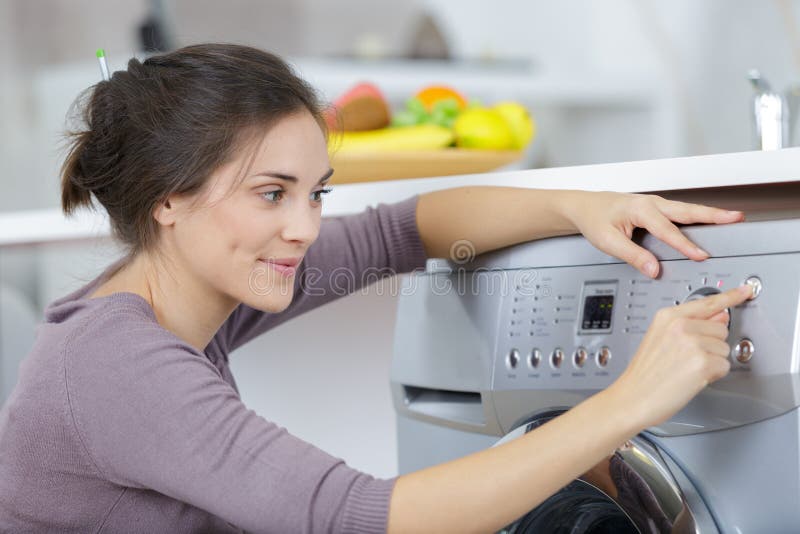 Woman Doing Washing Machine Stock Image - Image of home, plastic: 229443509
